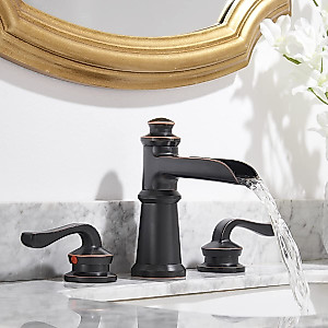 Homevacious Widespread Bathroom Faucet Oil Rubbed Bronze Waterfall 2-Handle with Pop up Drain Assembly Farmhouse 3 Holes 8-16 Inch Sink Rustic Mixer Tap Overflow Commercial Supply Lead-Free