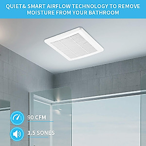 Tech Drive Very-Quiet Bathroom Ventilation and Exhaust Fan 90 CFM 1.5 Sone, Ceiling Mounted Fan,White Plastic Grille