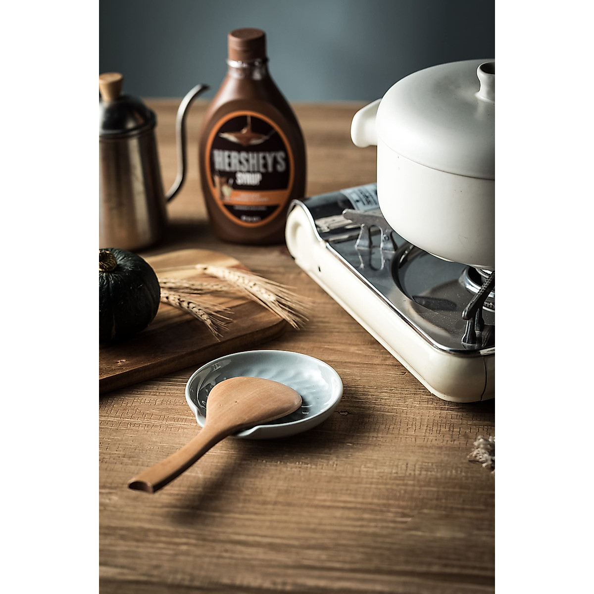 Ceramic Spoon Rest with Drip Tray for Multiple Utensils& Cooking Spoon Rest Spoon Holder for Stove Top, Gray