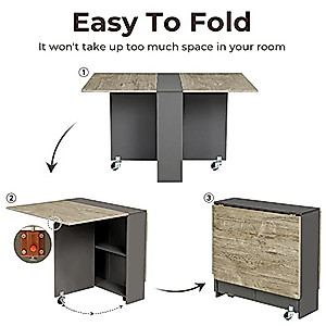 Folding Dining Table, Drop Leaf Dining Table with 6 Wheels and 2-Layer Storage Shelf, Space Saving Dining Table for Small Spaces, Chestnut and Gray 51.2 inch D x 31.5 inch W x 28.4 inch H