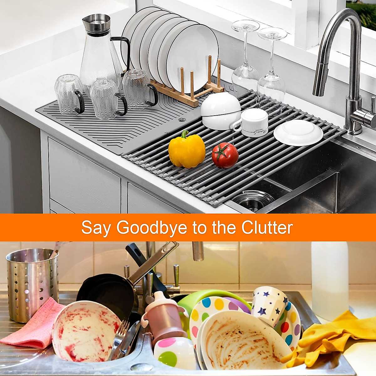 IWORD Roll Up Dish Drying Rack with Mat Combo,Splitted Drying Mat & Dish Drying Rack,Versatile Roll Up Sink Drying Rack with A Drain Hole for Easy Water Drainage, Silicone Mat for Kitchen (29" x 20")