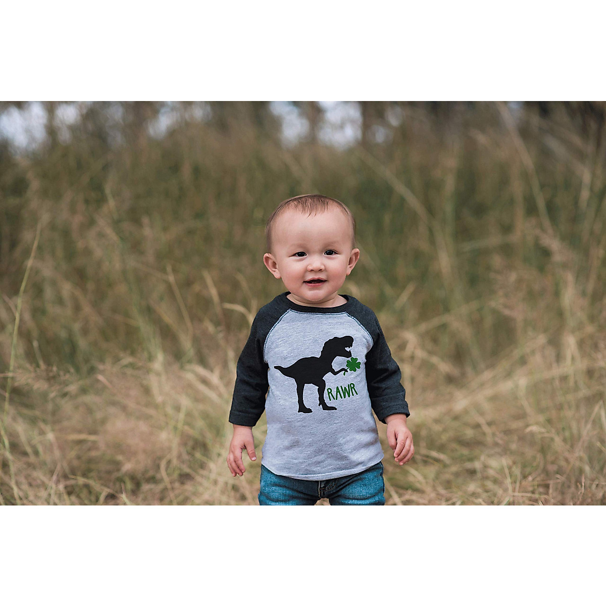 7 ate 9 Apparel Kids Dinosaur St. Patricks Day 3T Grey Raglan