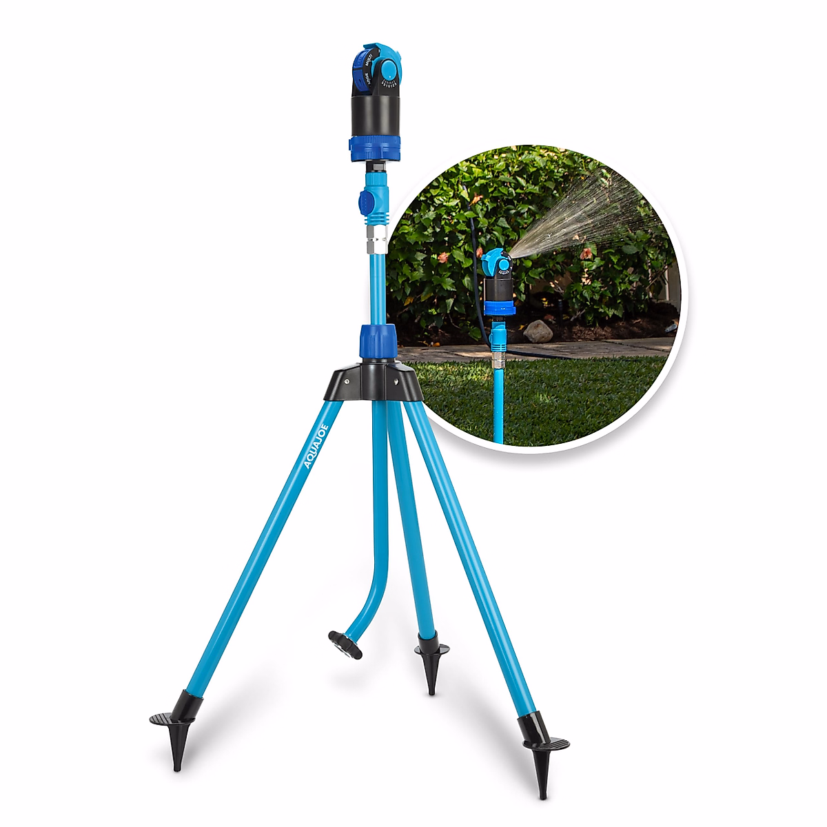 Aqua Joe AJ-6PSTB-MAX HD Sprinkler & Mister W/Metal Tripod Base, 6 Patterns, 4100 Sq. Ft. Coverage, Blue