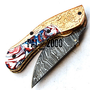 PAL 2000 HUNTING KNIVES FPK-9779 Folding Hunter Damascus Steel Pocket Knife with Sheath Handmade
