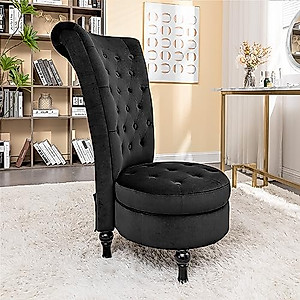 Container Furniture Direct Royal High-Back Velvet Accent Chair for Vanity with Storage and Luxurious Upholstery, Retro Design and Versatile Usage for Living Room, Bedroom, Lounge and Office, Black