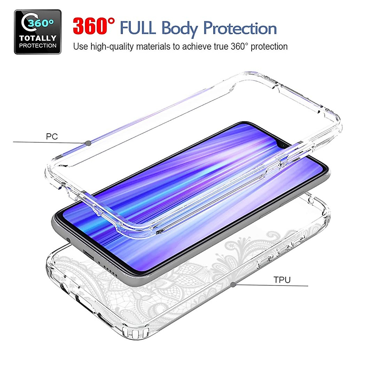 Tothedu Phone Case for Redmi Note 8 Pro M1906G7I Case with Tempered-Glass Screen Protector, Cute Clear Mandala Pattern Full Body Protective Cover Cases for Xiaomi Redmi Note 8 Pro (Mandala)