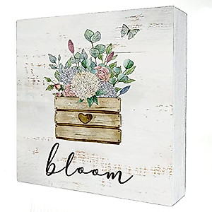 Bloom Wood Box Sign Home Decor Rustic Spring Flowers Bloom Wooden Box Sign Block Plaque for Wall Tabletop Desk Home Decoration