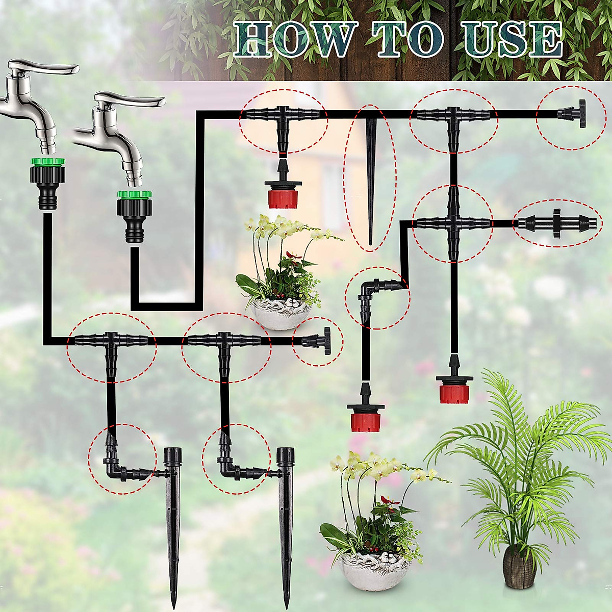 Irrigation Fittings Kit Drip Irrigation Connectors Include 80 Straight Barbs 60 Tees 20 Elbow 20 End Plug 20 4-Way Coupling and 100 Irrigation Support Stakes Hose Holder for 1/4 Inch Tubing 300 Piece