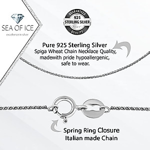 SEA OF ICE Italian Spiga Wheat Chain Necklace – Silver Chain Necklace for Women and Men – 925 Sterling Silver Spring Ring Locked Jewelry Chain – Multisize Silver Chain Unisex