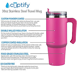 Personalized 30 oz Travel Mug - Elaborate Circle Monogram - Pink Custom Engraved Cup with Handle Vacuum Insulated Tumbler Birthday Gift for Women, Men, Beer and Drinks
