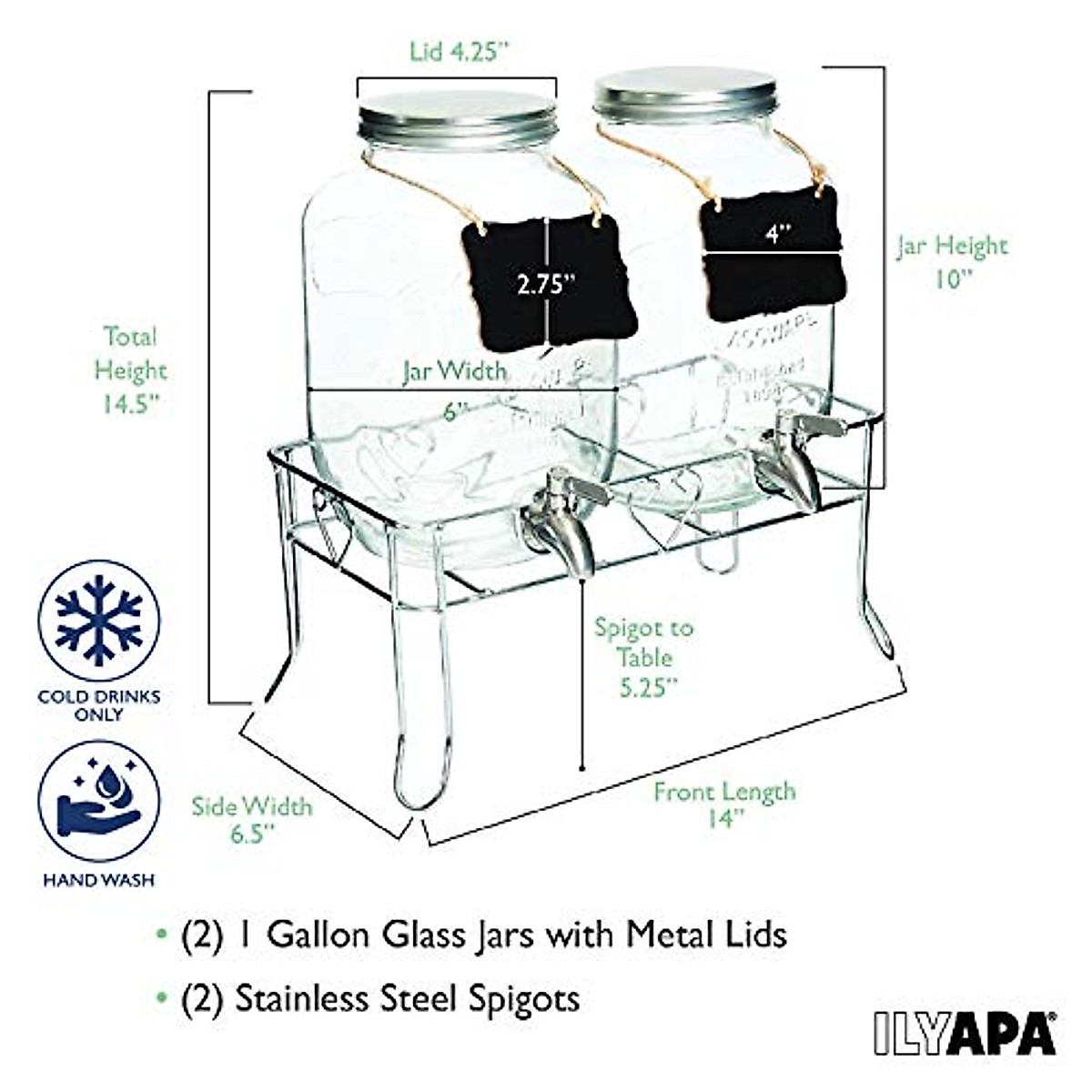 Outdoor Glass Beverage Dispenser 2 Pack with Sturdy Metal Base, Hanging Chalkboards & Stainless Steel Spigots - 1 Gallon Double Drink Dispensers for Lemonade, Tea, Cold Water, Laundry Detergent & More