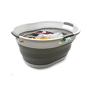 SAMMART 36L (9.5 Gallon) Collapsible 3 Handled Plastic Laundry Basket-Foldable Pop Up Storage Container-Portable Washing Tub-Space Saving Basket/Water Capacity 27L/7.1 Gallon (1, Grey)