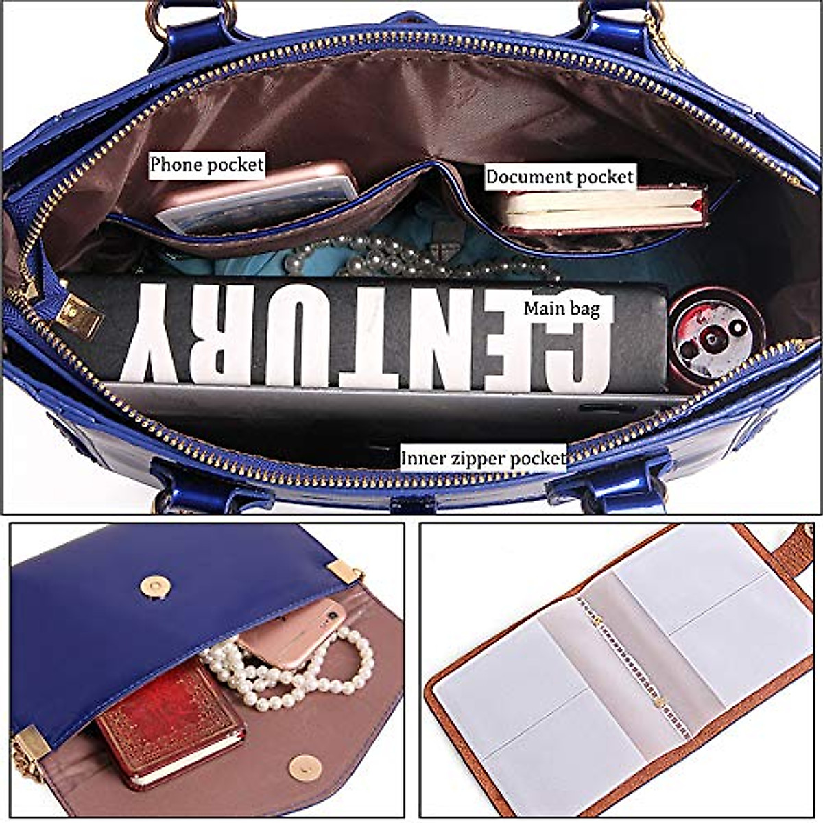 Chikencall® Women Fashion Handbags Patent Leather Tote Purses Ladies Shoulder Bags Top Handle Chain Satchel Purse Set 3pcs Black