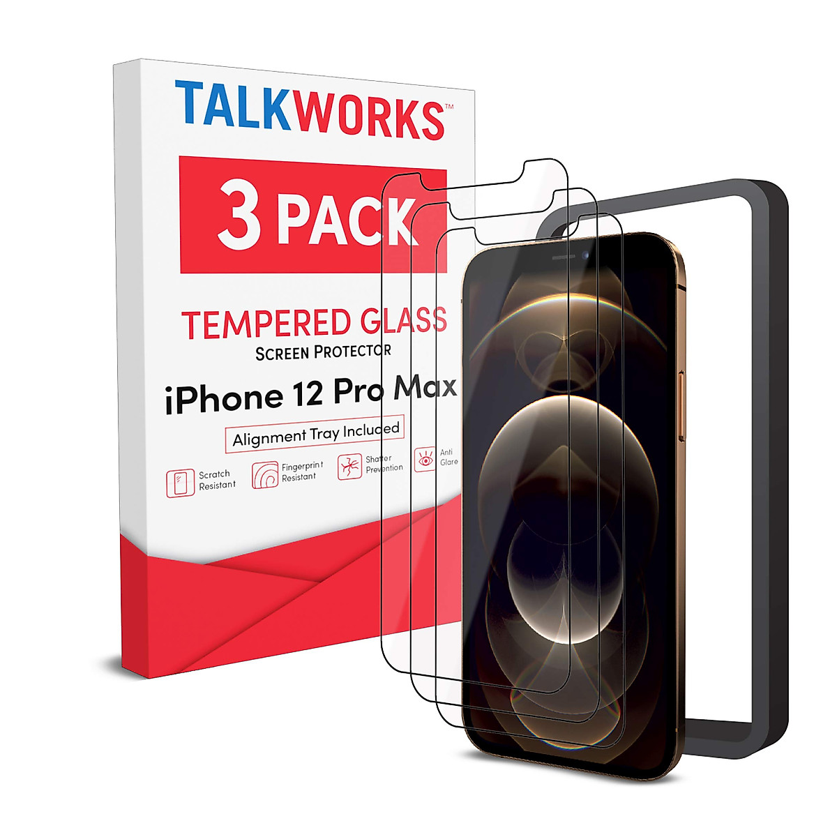 TALK WORKS Premium Tempered Glass Screen Protector for iPhone 12/13 Pro Max, IPhone 14 Plus - Includes Installation Tray, Anti-Glare, Crack Proof, Ultra Thin (Pack of 3)