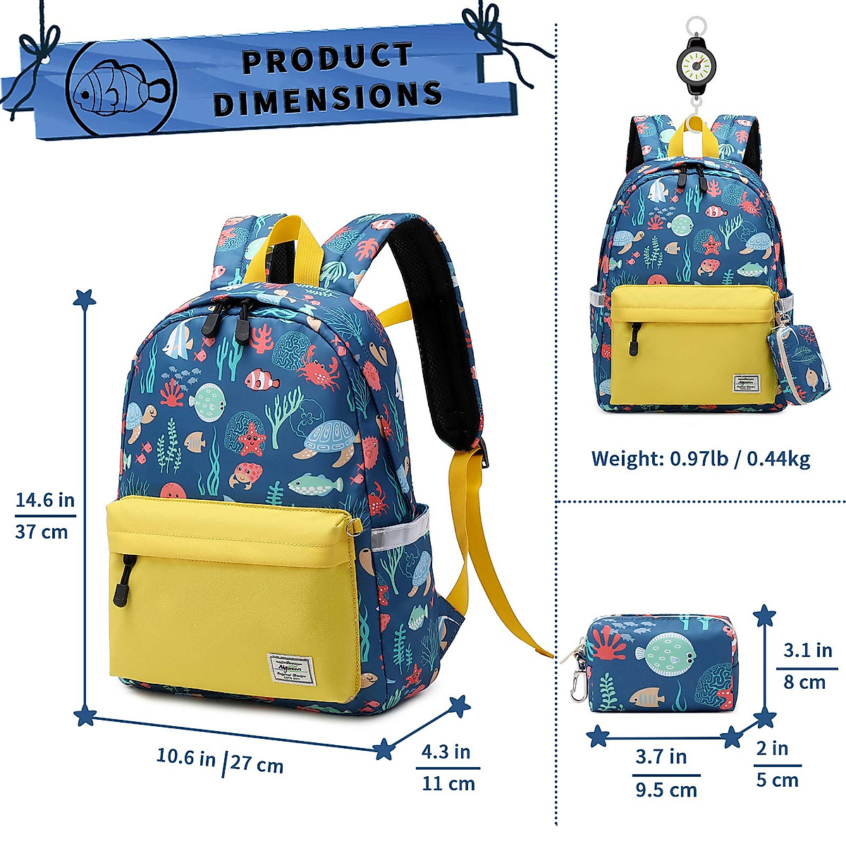 Mairle Little Kids Backpack Preschool Kindergarten School Bag for Boys and Girls with Chest Strap, Sea World Print, Dark Blue/Yellow