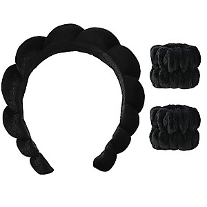 1Spa Headband and 2 Wristbands Set for Women Girls -Sponge & Terry Cloth Fabric Headband for Washing Face, Skincare,Makeup, Shower, Hair Accessories- Wrist Washband Prevent Liquid from Spilling(Black)
