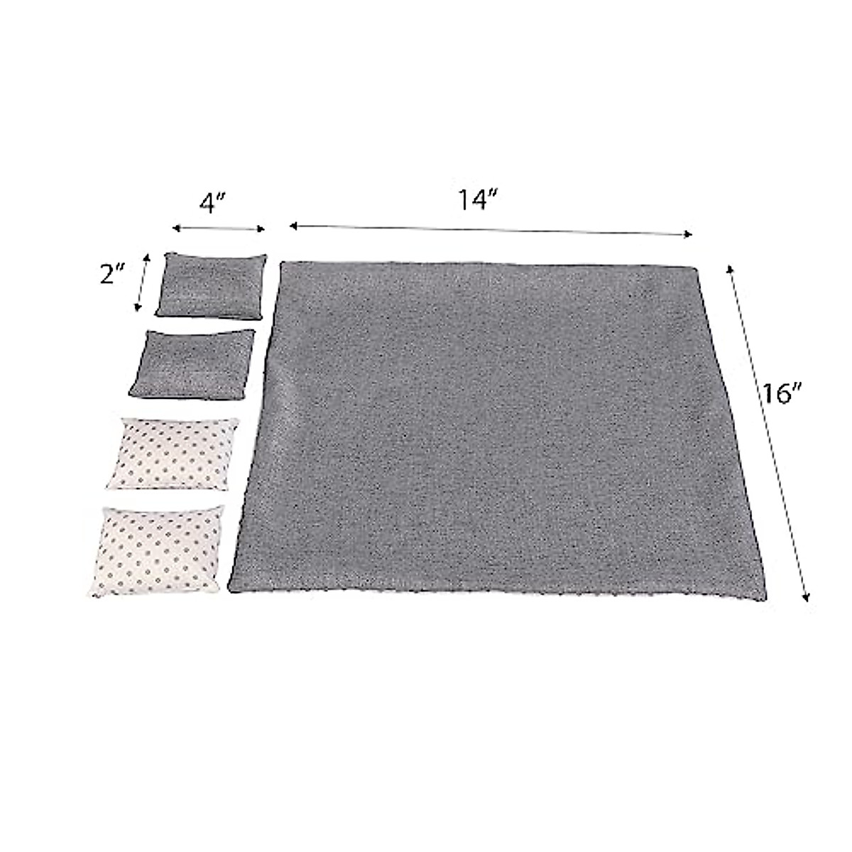 Dollhouse Furniture Queen Bed Set, Mini Bedroom Accessories for 12 inch Dolls, Grey Bedding, White Wooden Frame, 1/6 Scale