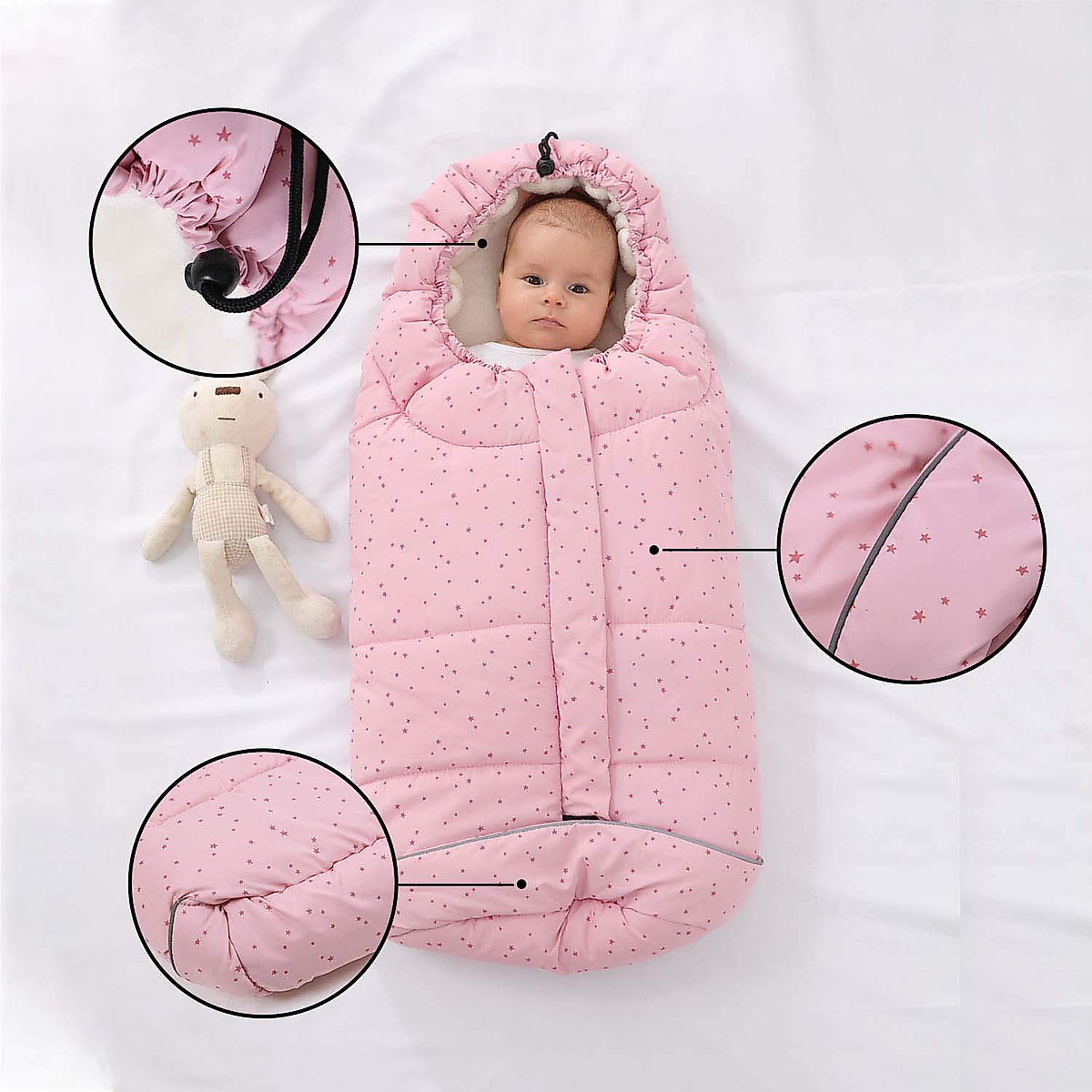 AtBabyHome Bunting Bag for Stroller, Adjustable Stroller Footmuff with 5 Security Holes, Multi-Zippers Easy to use, Waterproof Baby Sleeping Bag Pink for Toddler Girl 6-36 Months