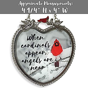 Memorial Cardinal Sun Catcher - When Cardinals Appear Angels are Near Saying - Heart Shaped Glass Sun Catcher with Cardinals and Winter Scene. Measures 4 ¼” H x 4” W.
