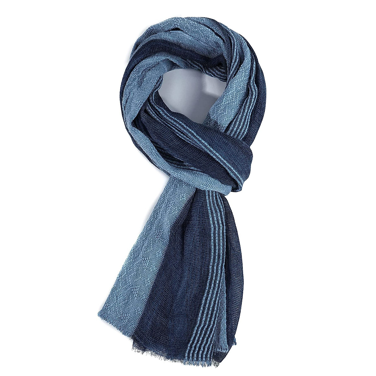 GERINLY Cotton-Linen Scarves Mens Stripe Crinkle Long Scarf European Neck Wrap Bufanda de Hombres Fashion (Blue)