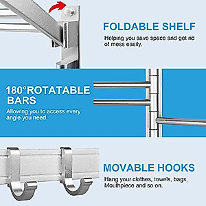 Laundry Clothes Drying Rack, Foldable Wall Mounted Drying Rack, Swivel Towel Rack with 5 Coat Hooks & 7 Swing Arms, Space Aluminum Drying Rack for Laundry Room Organization and Bathroom (Silver 7rods)