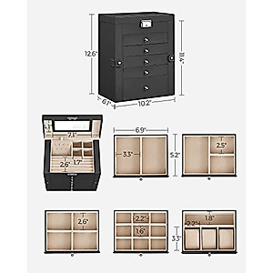 SONGMICS 6 Tier Jewelry Box, Jewelry Case with 5 Drawers, Large Storage Capacity, with Mirror, Lockable, Jewelry Storage Organizer, Gift for Loved Ones, For Watches, Black UJBC152B01