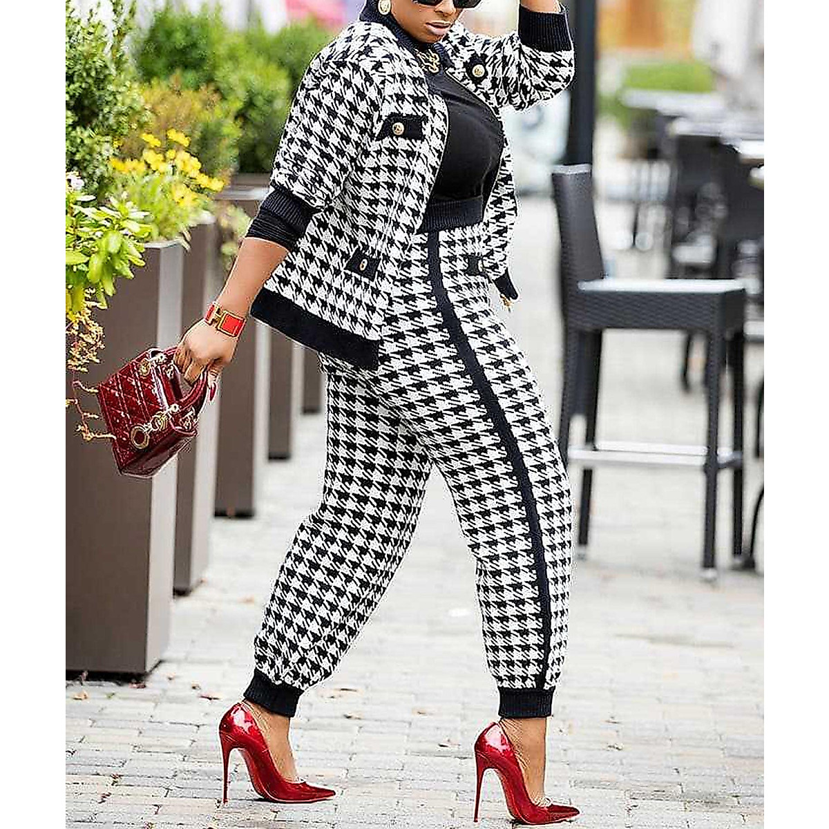 SOMTHRON Women’s Houndstooth Print 2 Piece Outfit Zip Up Long Sleeve Jacket Elastic High Waist Long Pants Set Work Suits Tracksuit BL-XL