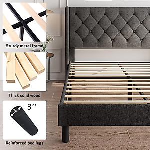 iPormis King Size Platform Bed Frame with Button Tufted Headboard, Upholstered Bed Frame with Solid Wooden Slats, 8" Underbed Space, No Box Spring Needed, Noise Free, Easy Assembly, Dark Gray