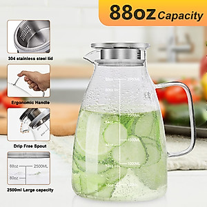 Transparent Glass Pitcher, 88oz/2.5L - Large Drinking Pitcher with Lid, Precise Scale Line, Mixing Spoon and Brush