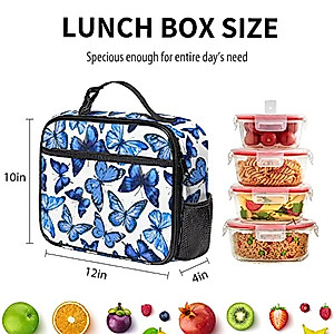 Blue Butterfly Lunch Box, Cooler Butterfly Lunch Bag with Detachable Buckle Hand Strap, Large Capacity Durable Lunch Tote Bag with Side Pocket for Women Mom Girls (Butterfly)