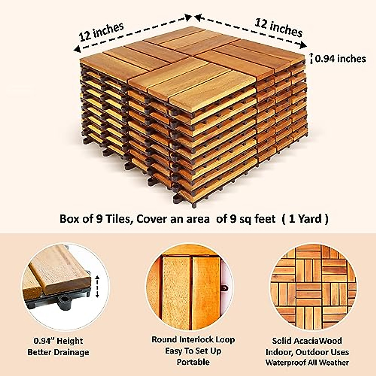 Cloverholm 10 Pcs Acacia Wood Deck Tiles - Waterproof, 12' x 12', Patio Tiles for Indoor & Outdoor, Garden, Roof Terrace - Checker Pattern (Natural-12S-9P)