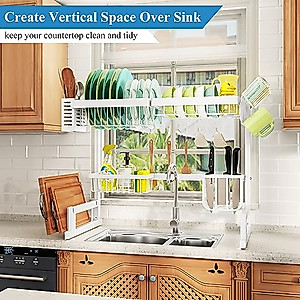Over The Sink Dish Drying Rack, Adjustable (26.8" to 34.6") Large Dish Drying Rack for Kitchen Counter with Multiple Baskets Utensil Sponge Holder Sink Caddy, 2 Tier White