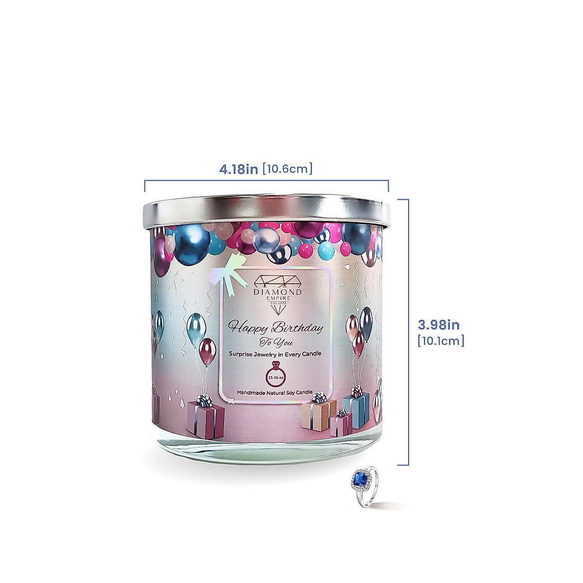 Diamond Empire Happy Birthday Candle with Surprise Jewelry Inside (Surprise Jewelry Valued up to $3,500) 2 Wick Candle (Burn up to 120 H) Ring Size 6