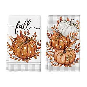 Artoid Mode Orange Buffalo Plaid Leaves Pumpkin Fall Kitchen Towels Dish Towels, 18x26 Inch Farmhouse Decoration Hand Towels Set of 2