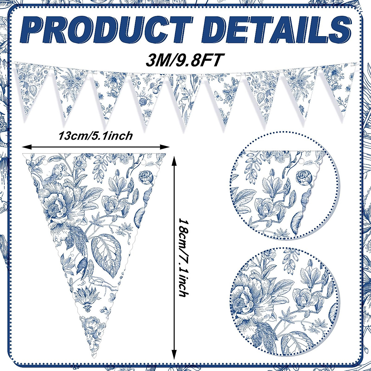 5 Pieces Blue White Vintage Floral Paper Pennant Garland Wedding Garland Triangle Banner for Wedding Bridal Shower Outdoor Decoration