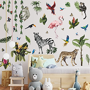RW-4963 Creative Jungle Animals Wall Decals Wild Safari Animals Wall Stickers DIY Removable Green Tree Monkey Leopard Zebra Birds Butterfly Animals Plants Decor for Kids Bedroom Living Room Nursery