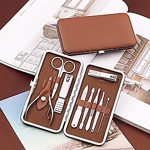 Manicure Set, FAMILIFE Manicure Kit - Nail Kit Mens Grooming Kit Pedicure Kit 9PCS Gifts for Men Boyfriend Nail Clipper Set Stainless Steel Professional Nail Set Care Manicure Tools Leather Case Brown