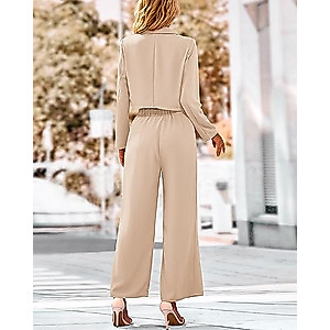 PRETTYGARDEN Women 2 Piece Sets Lapel V Neck Short Blazer Jackets Wide Leg Pant Suits Dressy Work Jumpsuits for Office(Solid Beige,Medium)