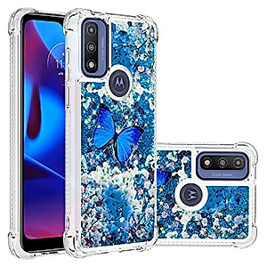 CAIYUNL for Moto G Pure Case with Glass Screen Protector,Moto G Power 2022 Case Glitter Bling Floating Liquid Cute Women Girls Soft TPU Phone Case Cover for Motorola G Pure/G Power 2022-Blue Butterfly