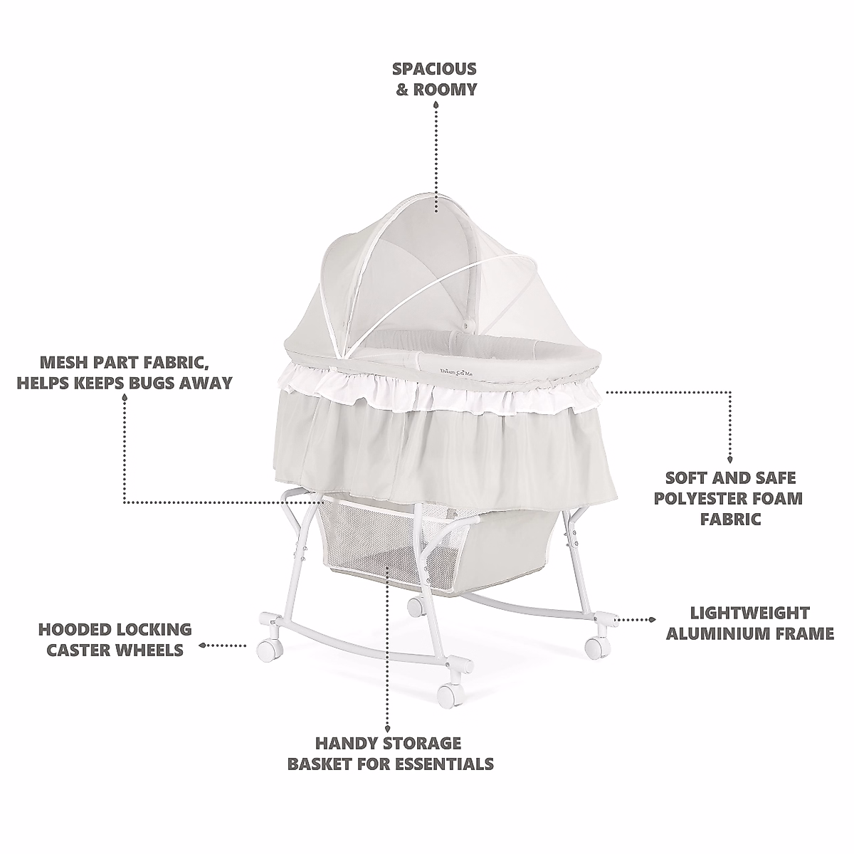 Dream On Me Lacy Portable 2-in-1 Bassinet & Cradle in Light Grey, Lightweight Baby Bassinet with Storage Basket, Adjustable and Removable Canopy
