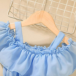 Toddler Baby Girls Summer Dress Chiffon Princess Dress Little Girl Clothes Sleeveless Off-Shoulder Dress Pure Blue