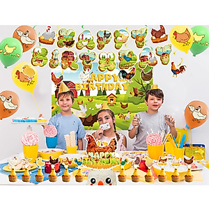 Chicken Birthday Decorations Chicken Party Supplies Set with Chicken Birthday Banner Backdrop Spirals Cake Cupcake Toppers Balloons for Chicken Party Decorations Farm Baby Shower Decorations