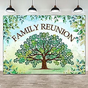 Wollmix Family Reunion Decorations Backdrop Banner Family Tree Leaves Members Welcome Signs Photography Background Gathering Gold and Green Supplies Photo Booth Banner Props 7x5ft
