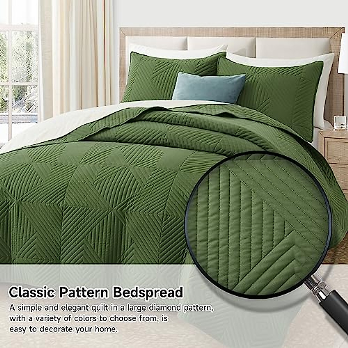 Lavsiry Olive Quilt Bedding Set King Size, Summer Lightweight Green Large Diamond Pattern Bed Spread, Soft Microfiber Bedspread & Coverlet for All Seasons - 3 Piece(1 Quilt, 2 Pillow Shams)