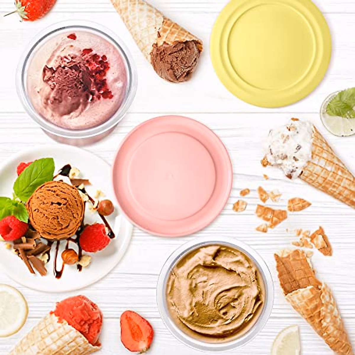 FIRJOY 16 oz. Containers | Extra Replacement Pints and Lids -Compatible with Ninja Creami NC301 NC300 NC299AMZ Series ONLY (2 Pack - Pink, Yellow)