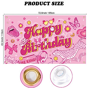 Qpout Pink Preppy Birthday Backdrop with Polyester Fabric, Hot Pink Theme, for Girls Women Party Decorations