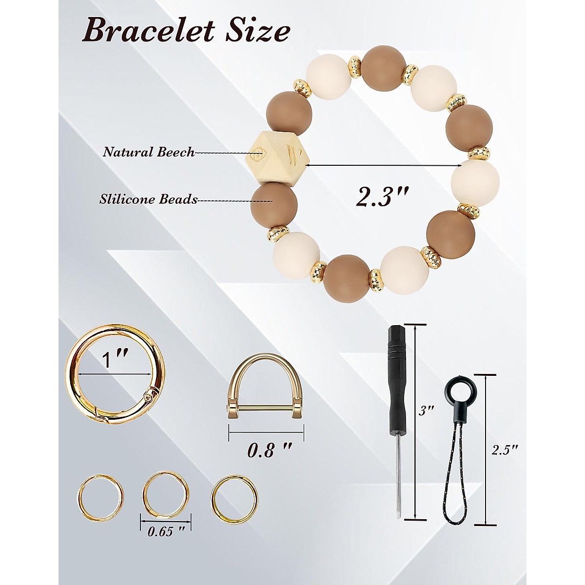 WEESMILE Silicone Key Ring Bracelet for Women | Stretchy Wrist Keychain Bracelet for Car Keys, Wallets, IDs, and Credit Cards (Brown/White)