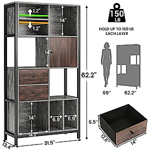 AOGLLATI 6-Tier Industrial Bookshelf, Bookcase with Cabinet and 2 Fabric Drawers, Adjustable Display Shelves with Metal Frame, Standing Storage Shelf for Living Room Bedroom Kitchen Home Office
