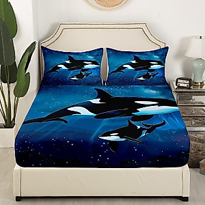 Erosebridal Killer Whale Bed Sheets for Kids Ocean Animal Full Size Sheet Sets, Psychedelic Galaxy Sheets Starry Sky Bedding Sheets & Pillowcases, Black and White Fish Flat Sheet Navy Sea Theme Decor