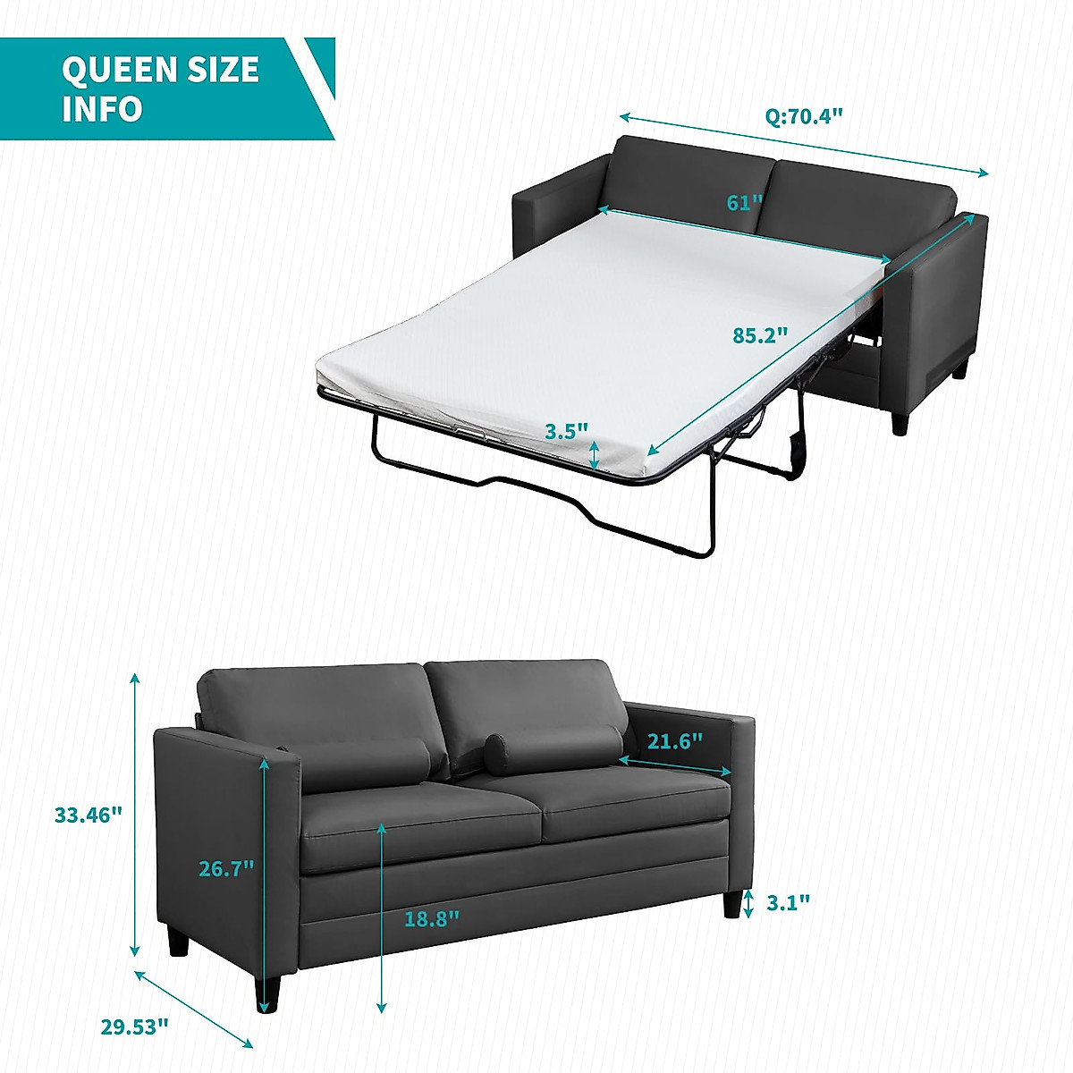 BALUS Faux Leather Pull Out Sofa Bed, 2-in-1 Queen Size Couch Bed with Fold Out Mattress, Modern Convertible Sleeper Sofa Couch, Leather Loveseat Futon Couches for Living Room-Dark Grey